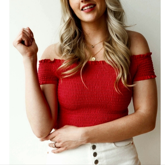 Fiore | Tops | Stretchy Smocked Red Off The Shoulder Top | Poshmark